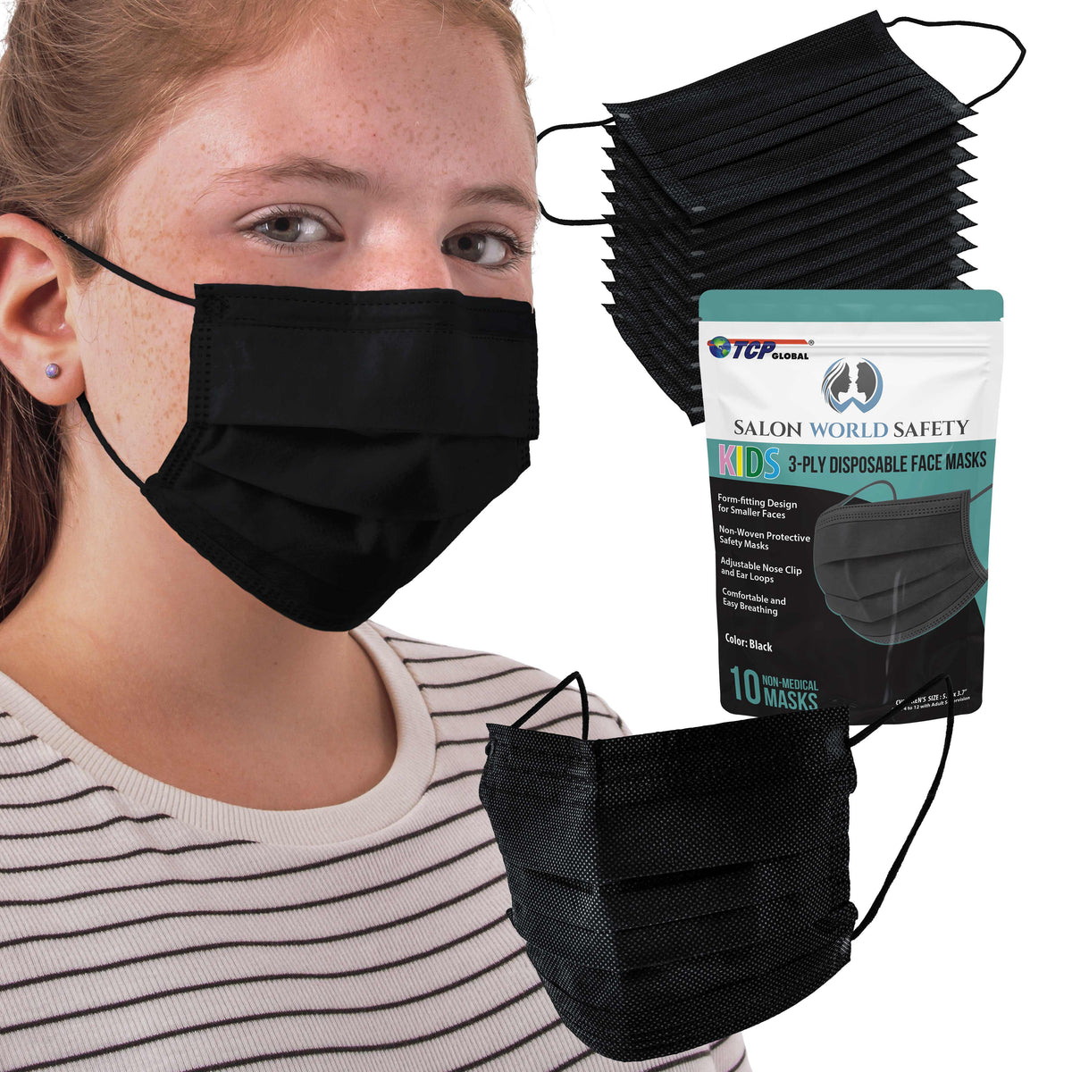 Kids Masks (Sealed Package of 10) - Black - 3 Layer Disposable Protect ...
