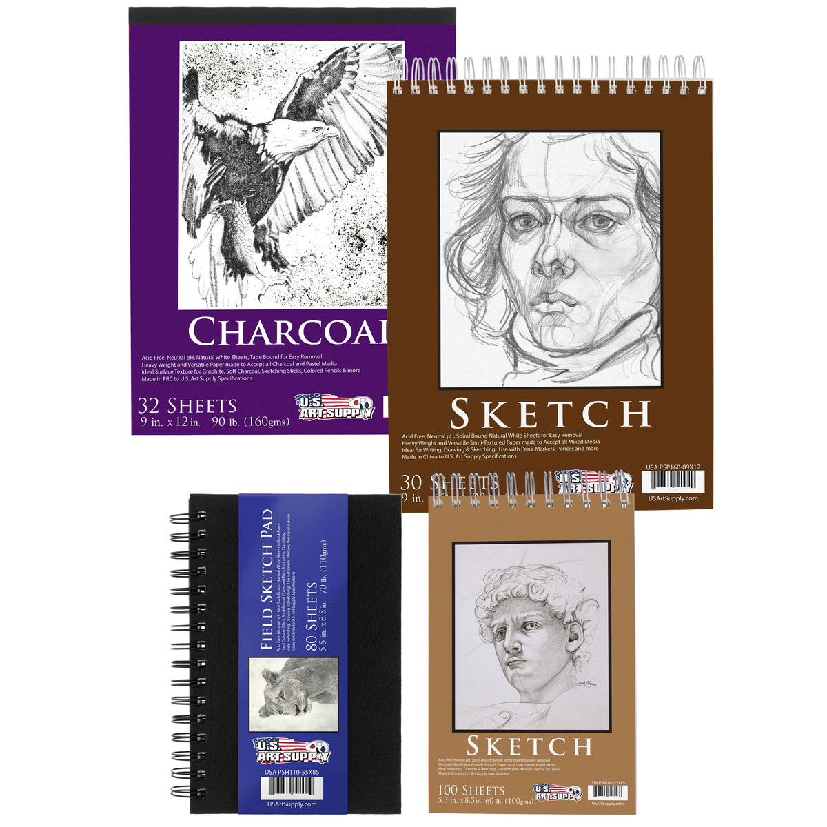4 Sketching and Drawing Paper Pads, Spiral Bound Sketch, Draw Charcoal ...