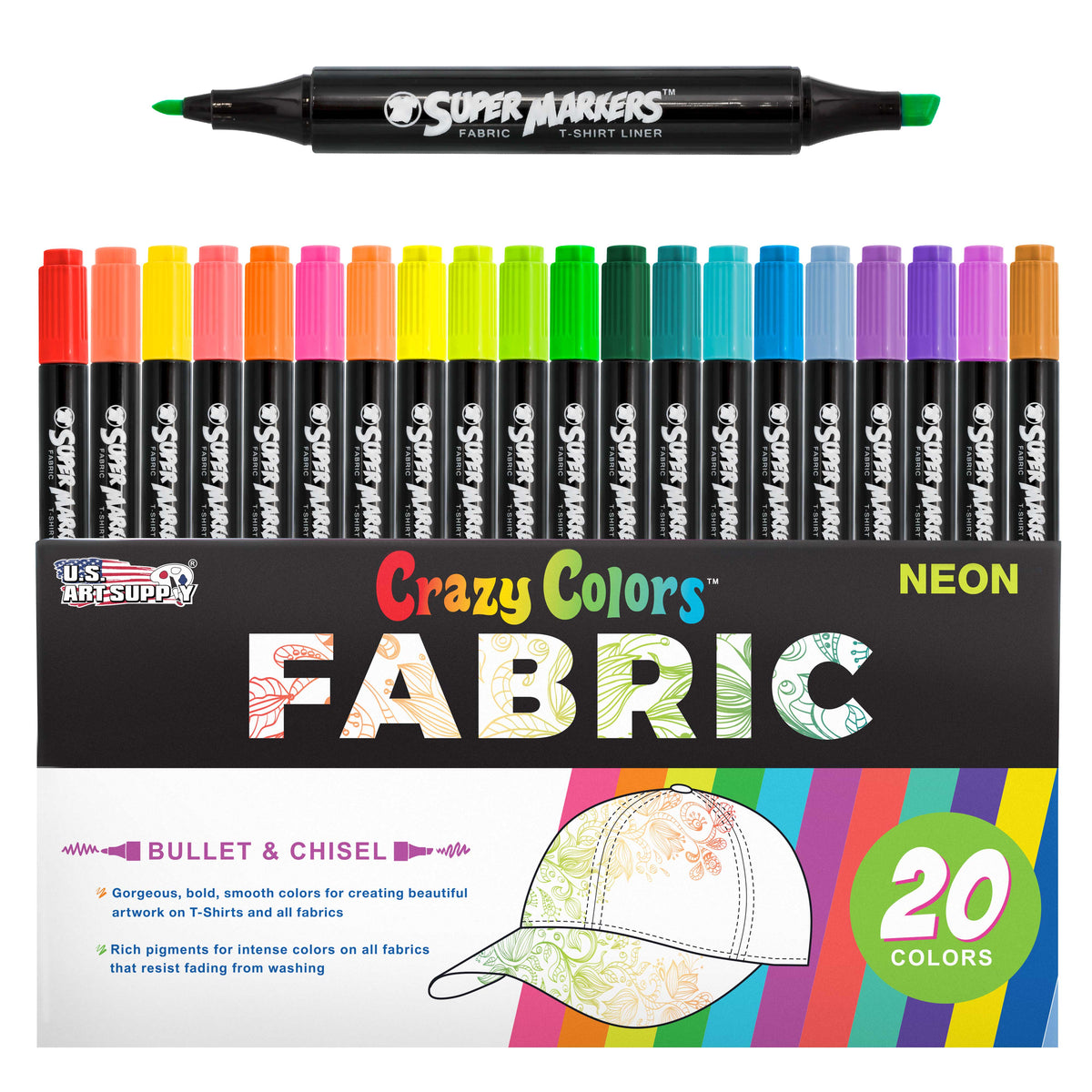 U.S. Art Supply Super Markers 20 Neon Dual Tip Fabric Markers - Fine ...