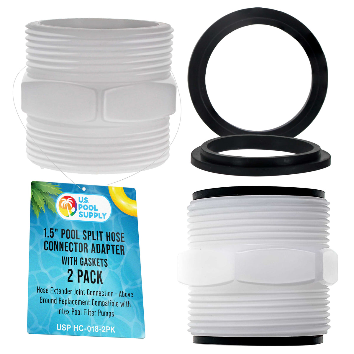 1.5" Pool Split Hose Connector Adapter with Gaskets, Pack of 2 - Hose ...